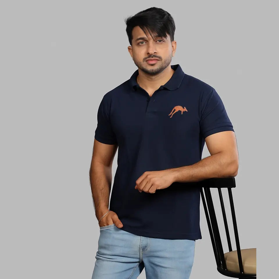 Navy Blue Polo Tee with Embroidered Kangaroo – hoponhigh